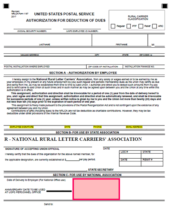 PS- 1187 - Authorization of Deduction of Dues.png | Rural Mail Talk